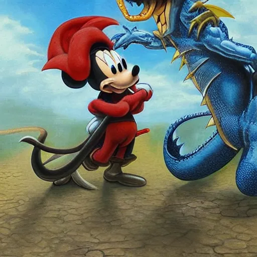 mickey mouse fighting a dragon, realistic, medieval, | Stable Diffusion ...
