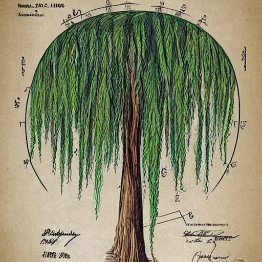 colorful patent drawing of a willow tree. technical | Stable Diffusion | OpenArt