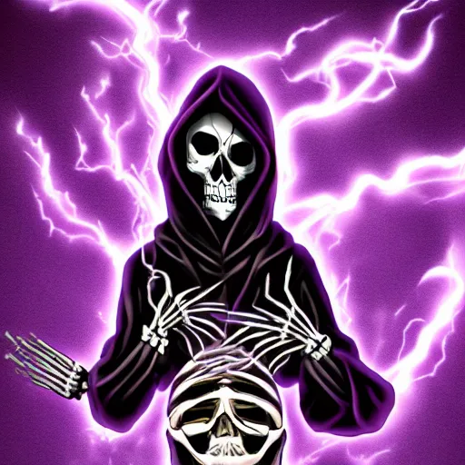 hooded figure with a skeleton face shooting purple | Stable Diffusion ...