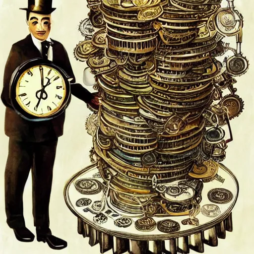 a butler made of clocks and cogs holding a plate of | Stable Diffusion