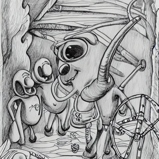 a highly detailed line drawing of smurfs and bones in | Stable ...