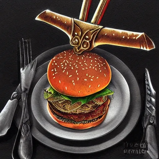 intricate detailed burger with huge fork weapon, dark | Stable Diffusion | OpenArt