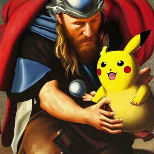 thor and his pet pikachu, oil painting by caravaggio | Stable Diffusion ...