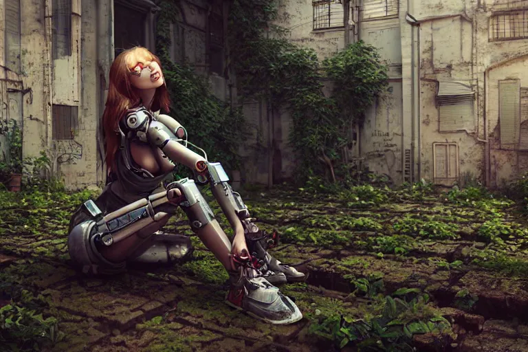 Broken cyborg girl sitting on old courtyard with mud | Stable Diffusion ...