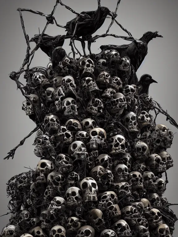 art sculpture of skulls and crows made from thick web, | Stable ...
