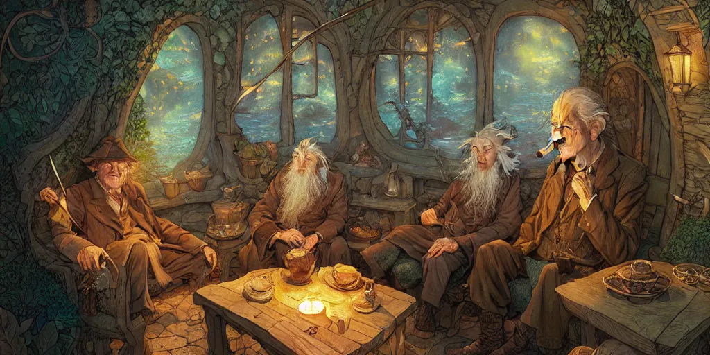 portrait of jrr tolkien smoking a pipe with gandalf | Stable Diffusion ...