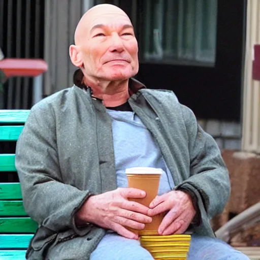 fat patrick stewart sitting on a bench eating tacos | Stable Diffusion