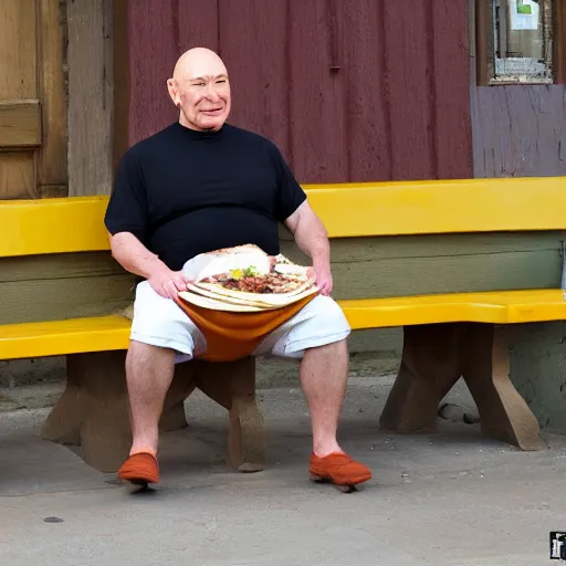 fat patrick stewart sitting on a bench eating tacos | Stable Diffusion