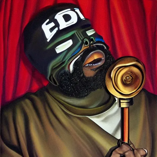 beautiful lifelike painting of mf doom holding the mic | Stable ...