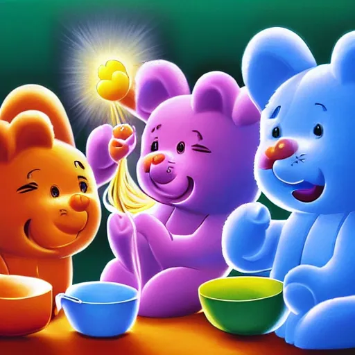 care bears eating spaghetti in bathroom, digital art, | Stable Diffusion | OpenArt