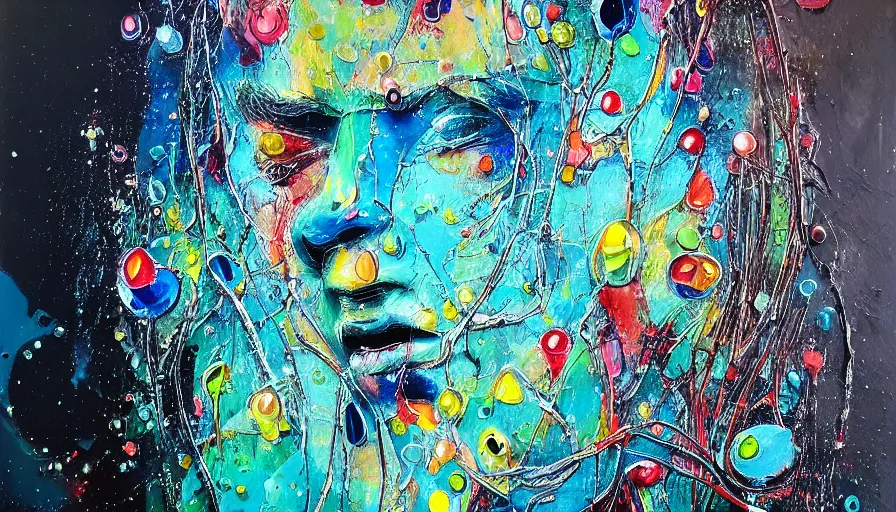 solder, painting on canvas, watedrops, water droplets, | Stable Diffusion