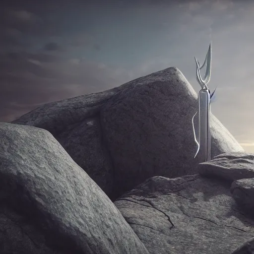 silver dagger stuck in a rock, dramatic lighting, | Stable Diffusion