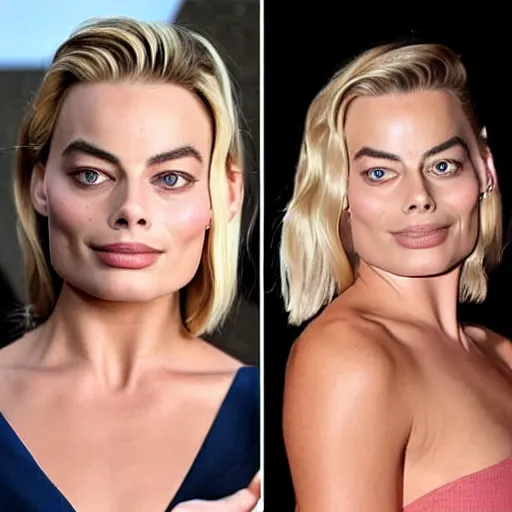 before and after of margot robbie transformation to a | Stable Diffusion