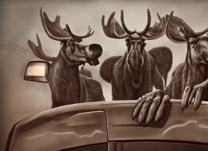 three anthropomorphic moose in the back of a pickup | Stable Diffusion ...