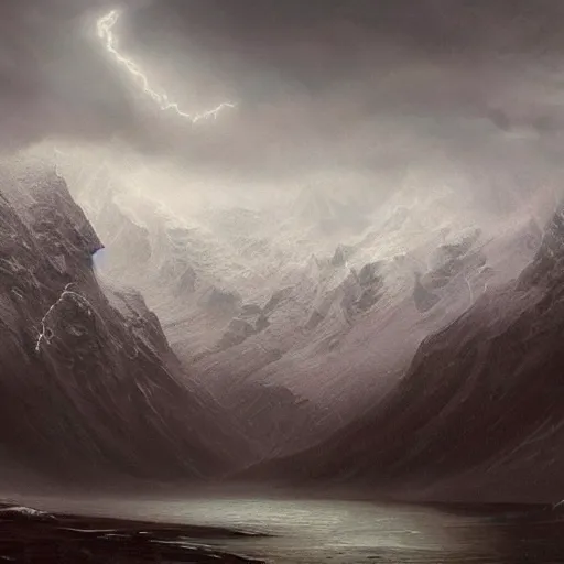 snowy mountains during a thunderstorm, noah bradley, | Stable Diffusion ...