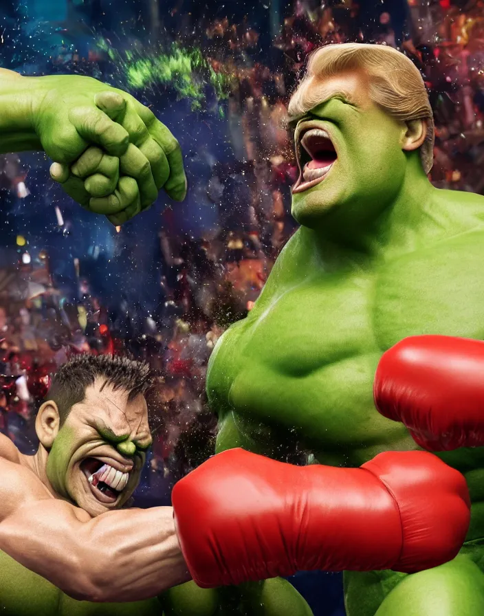 Donald Trump punches hulk, hyper realism, high detail, | Stable Diffusion