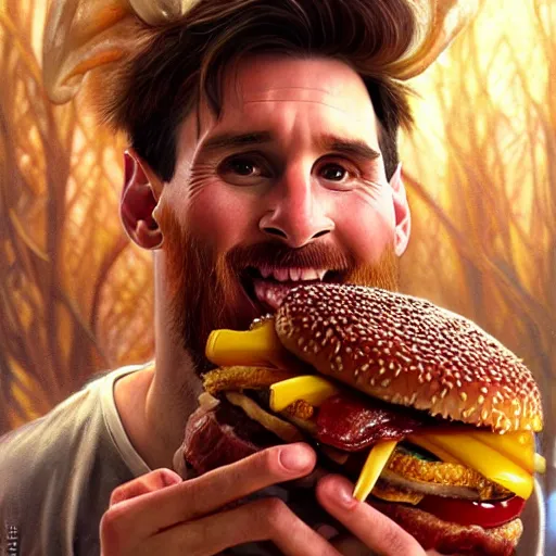 Lionel Messi eating a mammoth Wendy's baconator, | Stable Diffusion