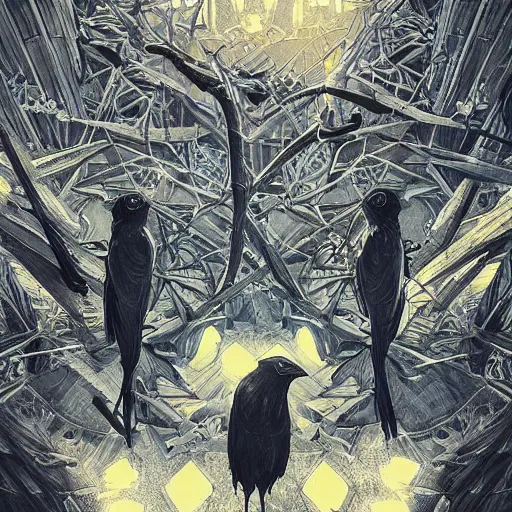 crows at a architectural complex with ana occult witch | Stable Diffusion