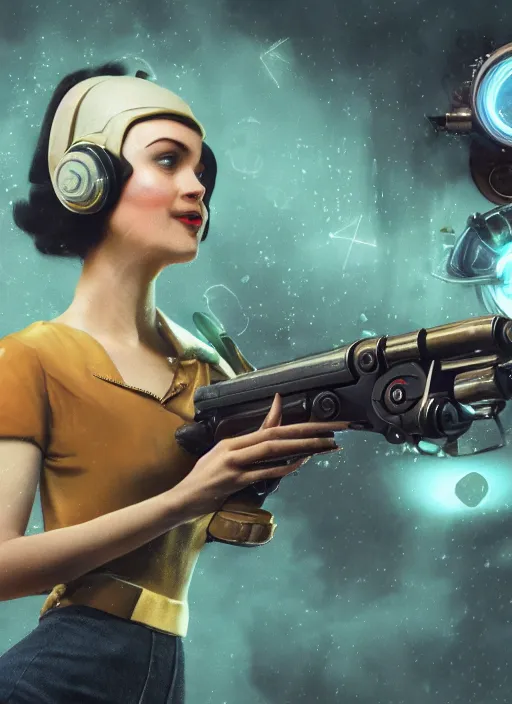 a vintage Raypunk depiction of a woman holding a | Stable Diffusion ...