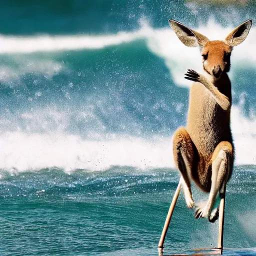 photo of a kangaroo standing on a surfing board. | Stable Diffusion