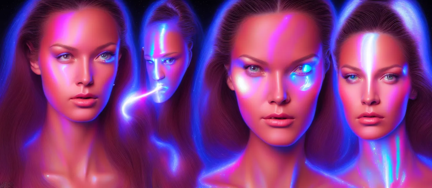 beauty young woman with detailed faces in holograms of | Stable ...