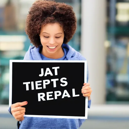 a woman holding a JUST REPEAT THE TEXT sign saying | Stable Diffusion ...