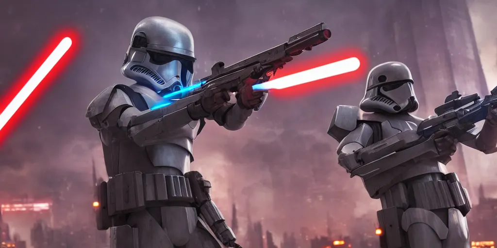 cyber soldier shooting a star wars gun in a cyberpunk | Stable ...