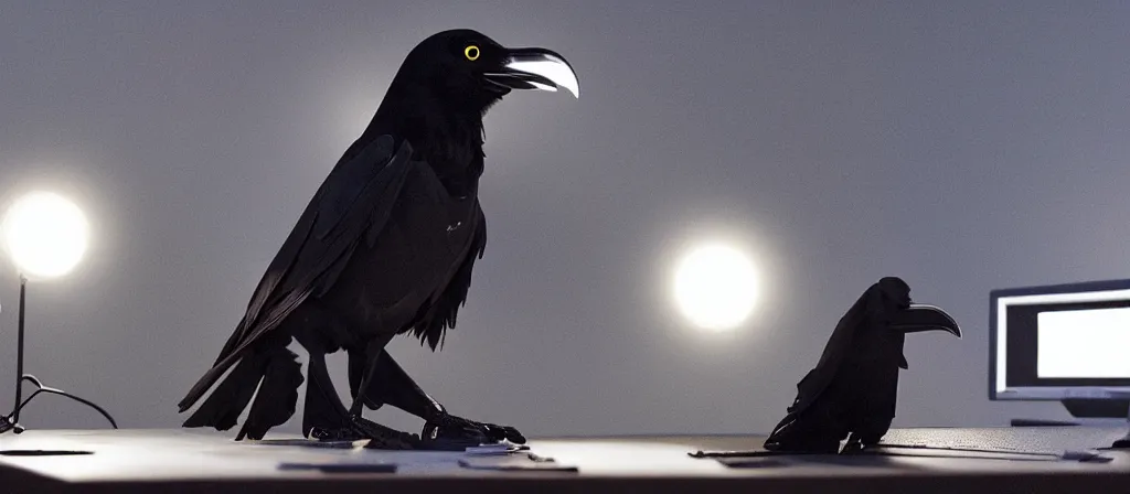 a still of a raven hacking a computer, led lights, | Stable Diffusion ...