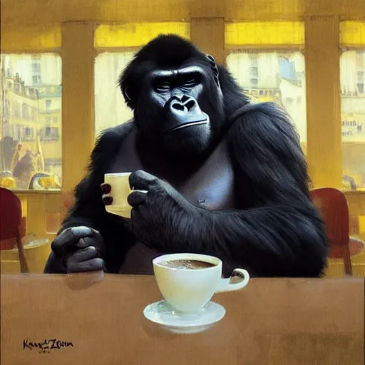Harambe the gorilla having coffee in a Parisian cafe, | Stable Diffusion