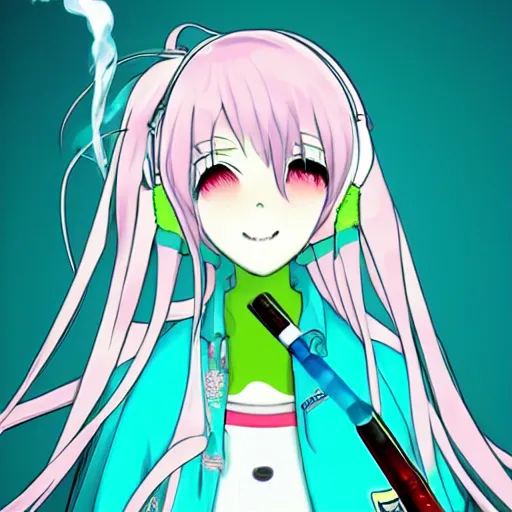 hatsune miku high on weed with bloodshot eyes smoking | Stable Diffusion