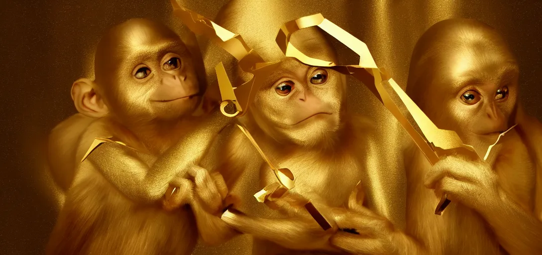 two monkeys playing with gold scissors and a big | Stable Diffusion | OpenArt