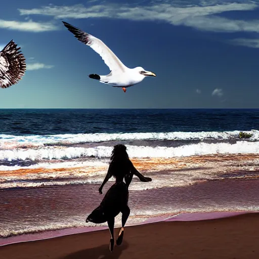 Digital art of a woman riding a giant seagull at the | Stable Diffusion ...