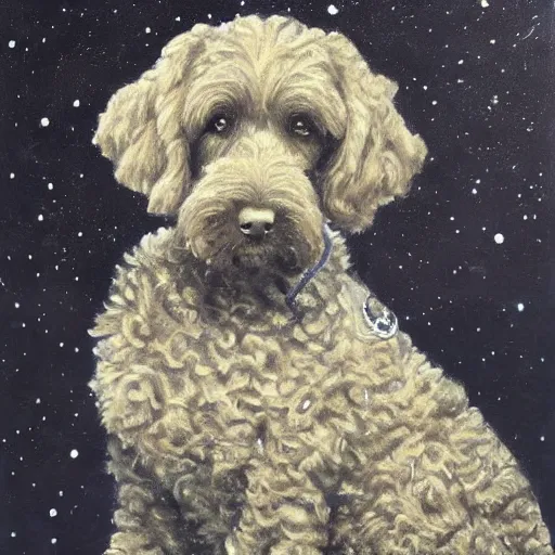 a small black labradoodle in space depicted as an | Stable Diffusion | OpenArt