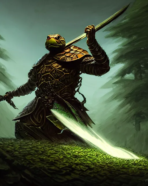 Turtle Warrior holding huge shield, forest background, | Stable Diffusion