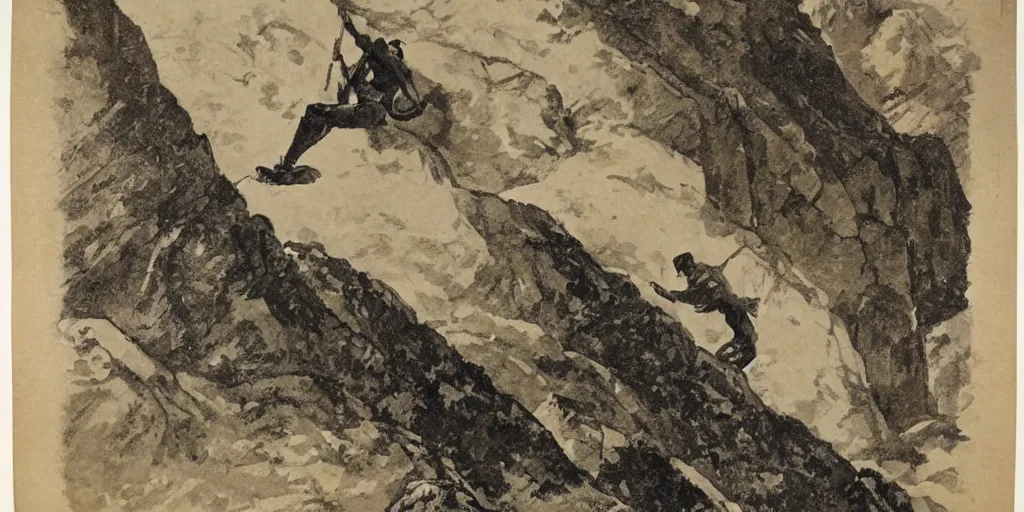 antique poster sketch of man climbing mountain | Stable Diffusion | OpenArt