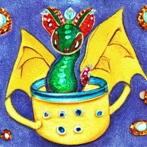 tiny jeweled dragon sitting in a teacup, painting by | Stable Diffusion ...