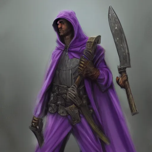 Hooded man in purple wielding an axe inside a decaying | Stable Diffusion