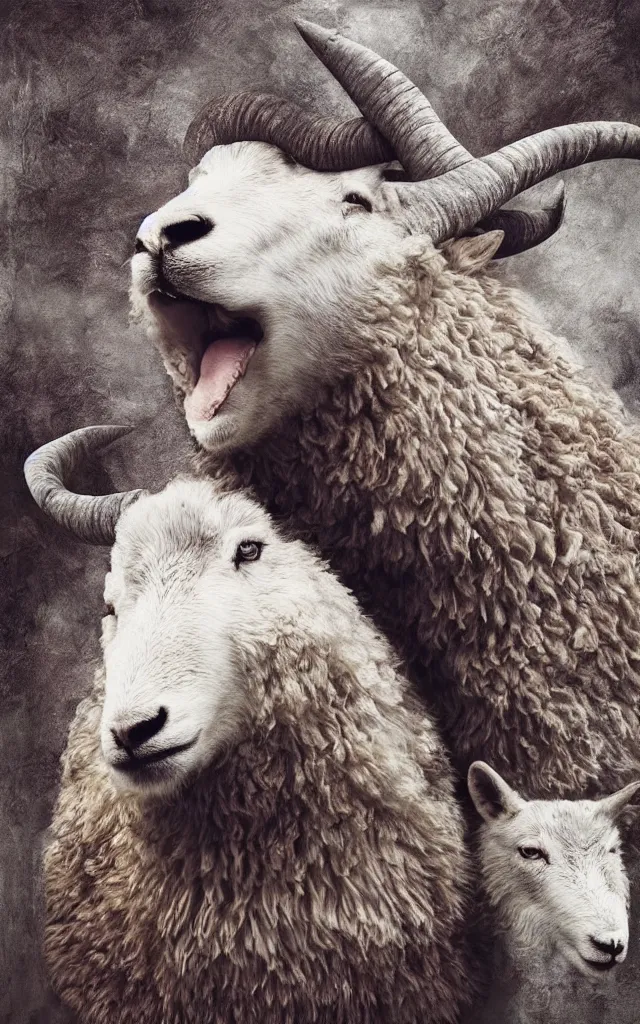 a beksinki sheep biting the neck of a realistic wolf | Stable Diffusion ...