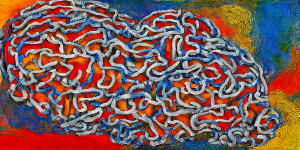 a big human brain a chain, collage, acrylic on canvas, | Stable ...