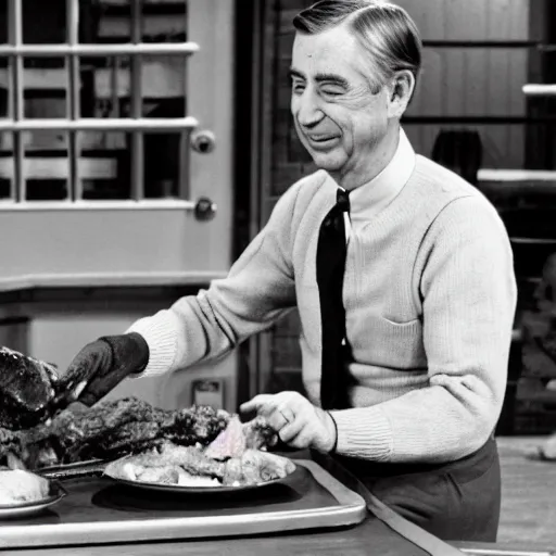 mr. rogers feeding raw meat to swine | Stable Diffusion | OpenArt