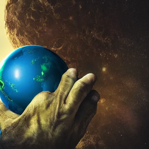 Monster holding Earth in his hand, unimaginably huge, | Stable Diffusion