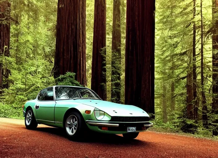 a datsun 2 4 0 z among tall redwood trees, in the art | Stable ...