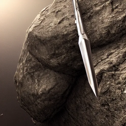 silver dagger stuck in a rock, dramatic lighting, | Stable Diffusion