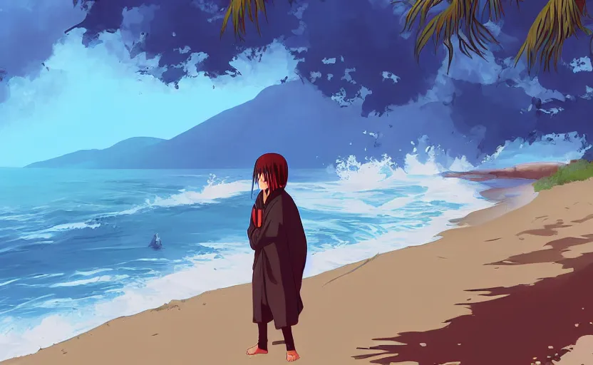 Itachi Uchiha alone at the beach watching the waves, | Stable Diffusion