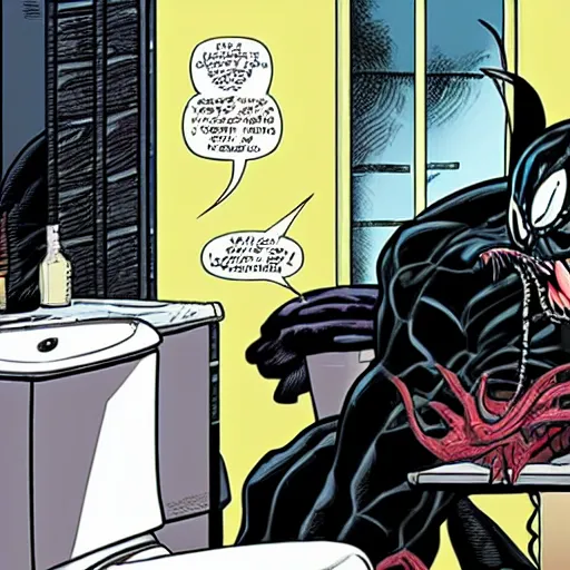 photo of venom on the toilet reading a comic | Stable Diffusion