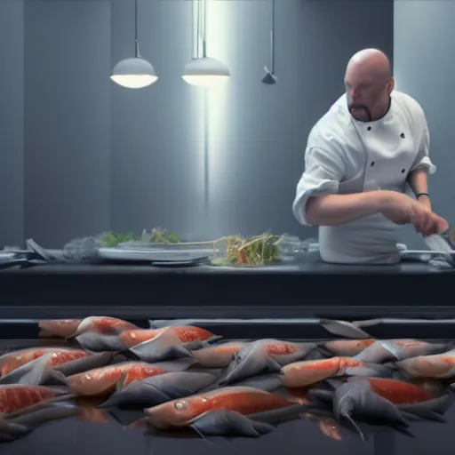 a chef cutting sad fat carp in the kitchen, cinematic | Stable Diffusion