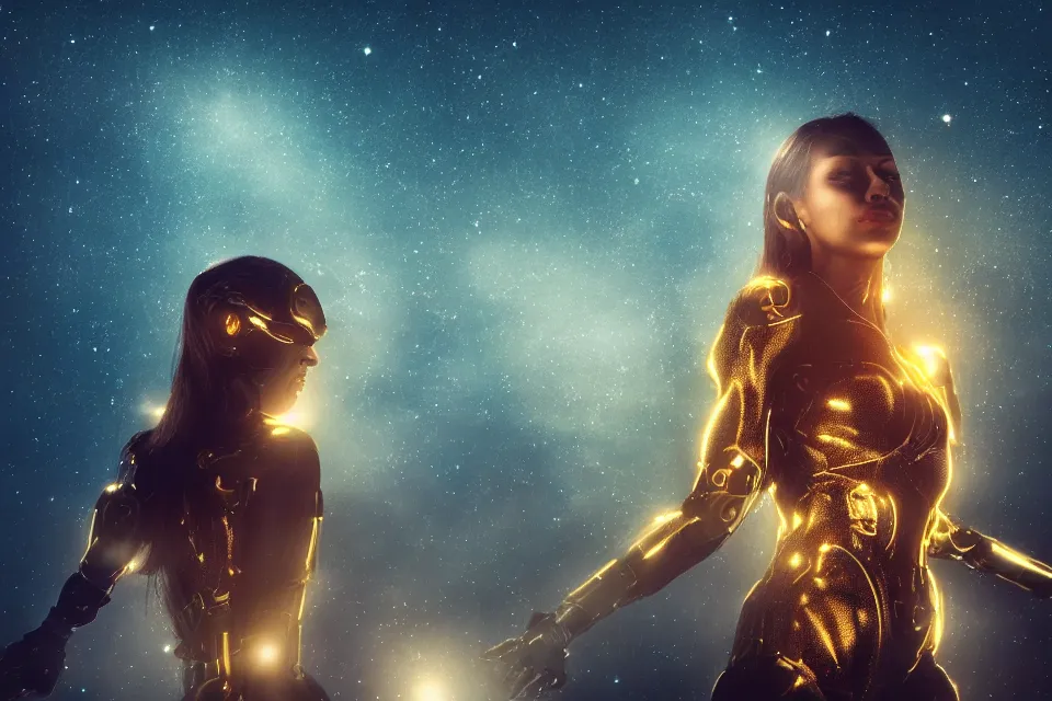 Cyborg Woman under a night sky with golden arms and | Stable Diffusion ...