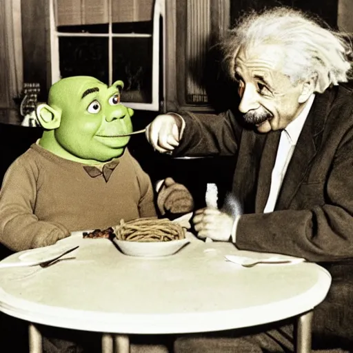 Albert Einstein with Shrek at a table eating spaghetti | Stable Diffusion