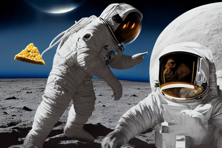 a matte painting of an ape as astronaut eating cheese | Stable ...