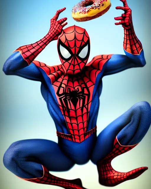 spiderman riding on a giant raccoon eating a donut | | | Stable ...